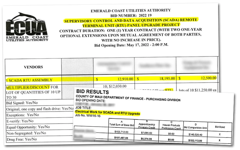 SCADA RTU Price Data from Actual Bid Documents
